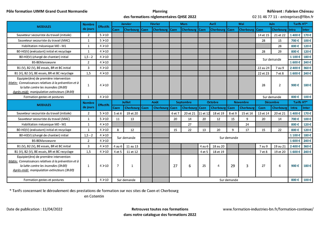 Calendrier formation continue